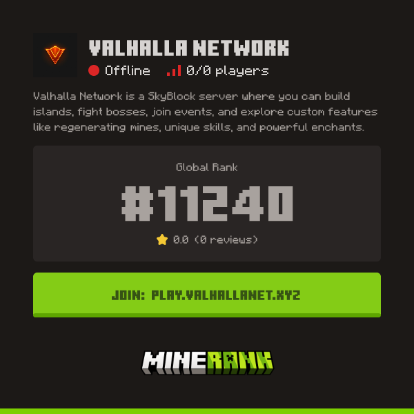 Valhalla Network Server IP, Reviews and Vote Link - Minerank